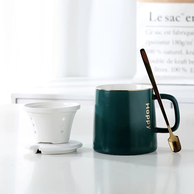 Зеленая роскошная керамическая чашка с чайным ситечком, крышкой с отверстием и ложкой для заваривания чая, объем 300 мл