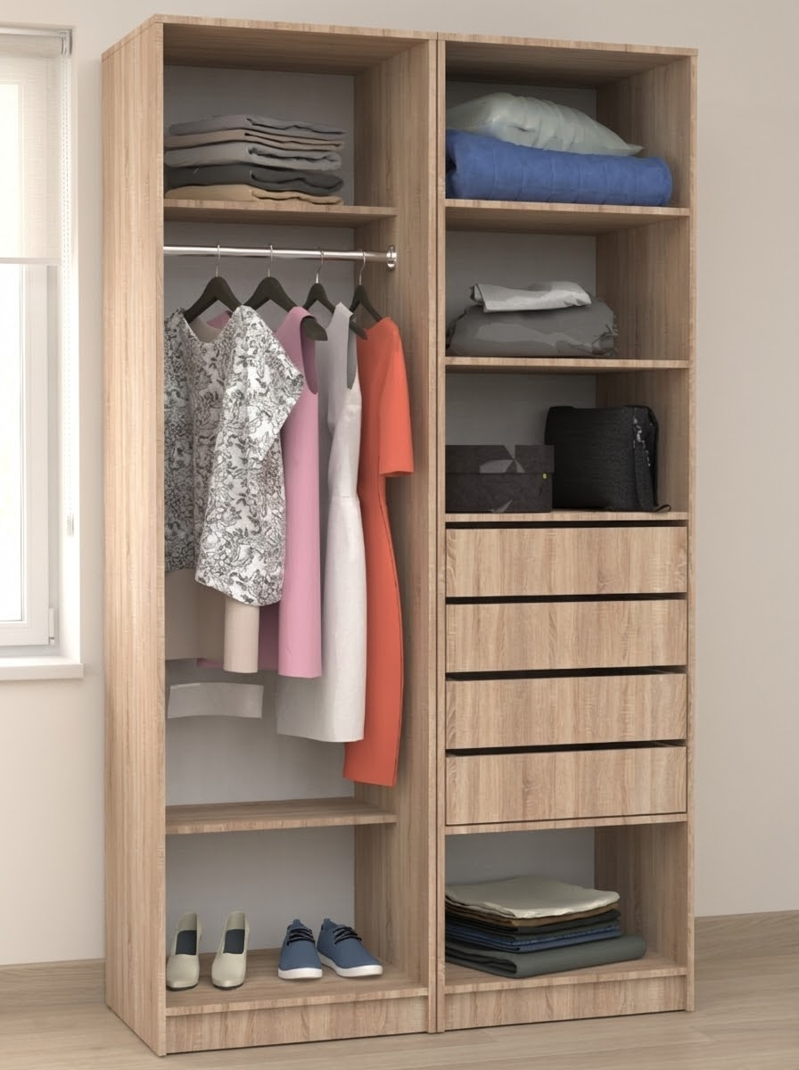 Открытый гардеробный шкаф Макс-10 со штангой для вешалок, 6 полками и 4 ящиками, ШхГхВ: 120х50х210 см, дуб сонома