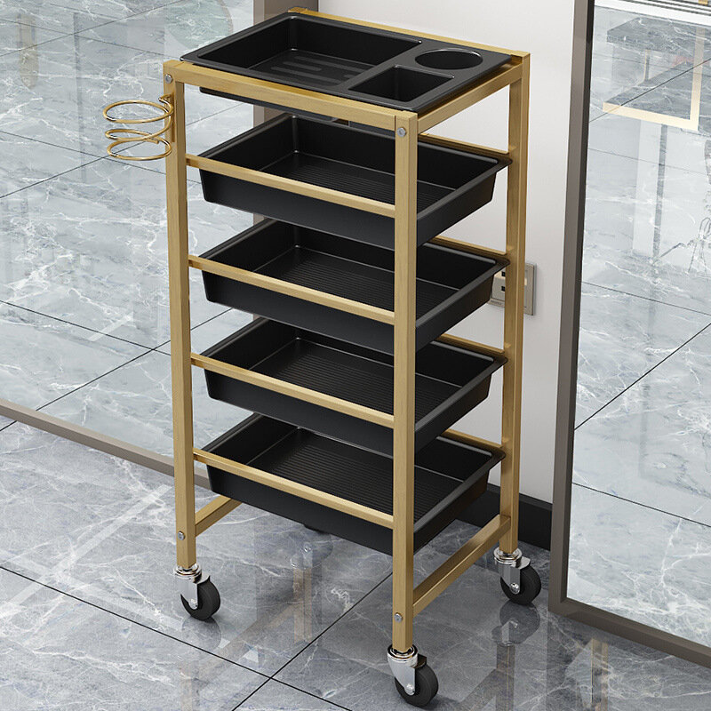 Парикмахерская тележка, тележка на колесиках, с держателем фена, 4 выдвижных ящика, черная