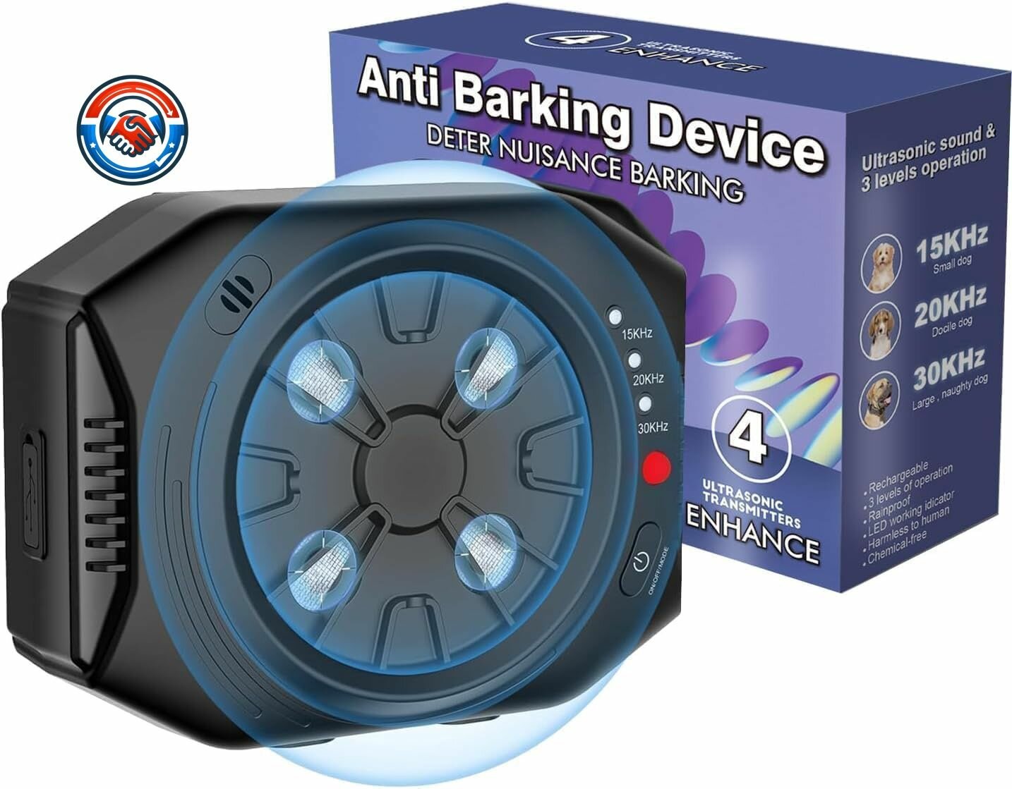 Ультразвуковой антилай для собак с 3 режимами и 4 излучателями, защита от лая на расстоянии до 25 метров, USB-зарядка и влагозащита, подходит для квартиры, двора и улицы