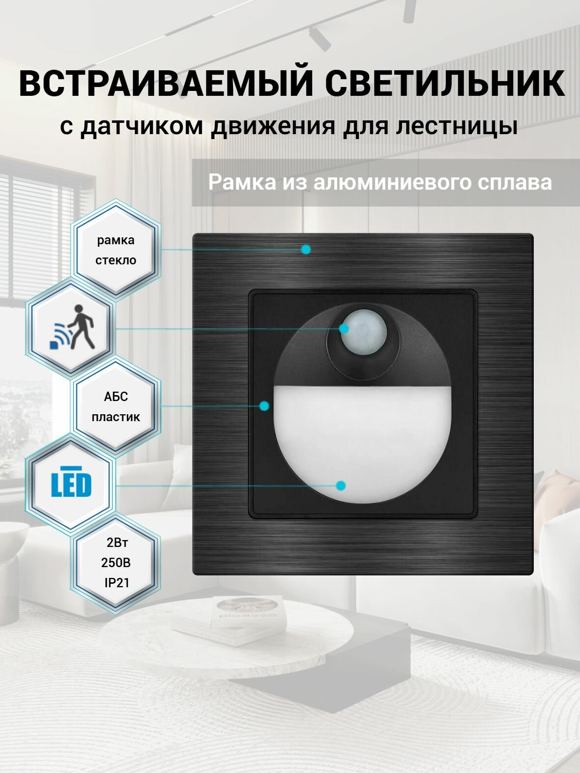 Встраиваемый светильник для лестницы с датчиком движения, рамка из алюминиевого сплава 82*82*8mm, чёрный F6
