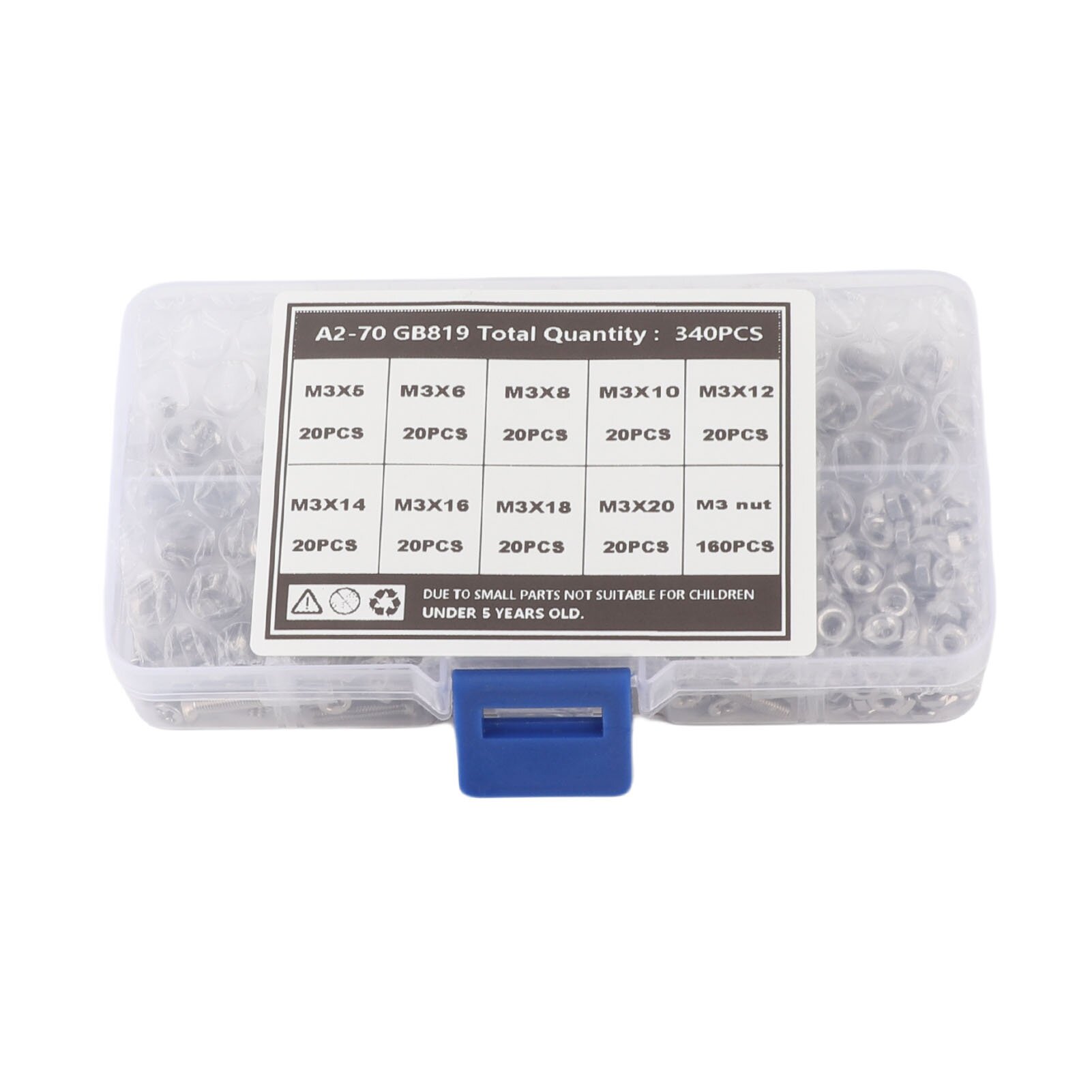 Набор из 340 винтов с крестообразной плоской головкой из нержавеющей стали M3 (винты с потайной головкой).