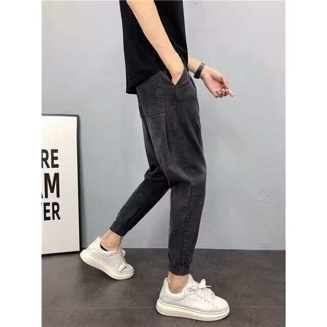 Тренд RONG CH Мужские Джинсы Потертые Слим Черно-Серые Высокий Улица Корейские Мода Деним, Размер_35