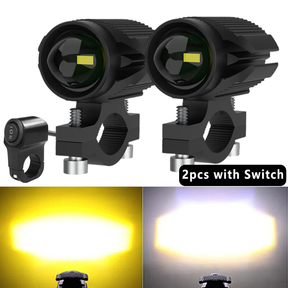 Дополнительные светодиодные фары для мотоцикла, светодиодная лампа 12-80 В, двухцветный белый/янтарный, универсальные вспомогательные прожекторы, противотуманные фары 2 Light and Switch