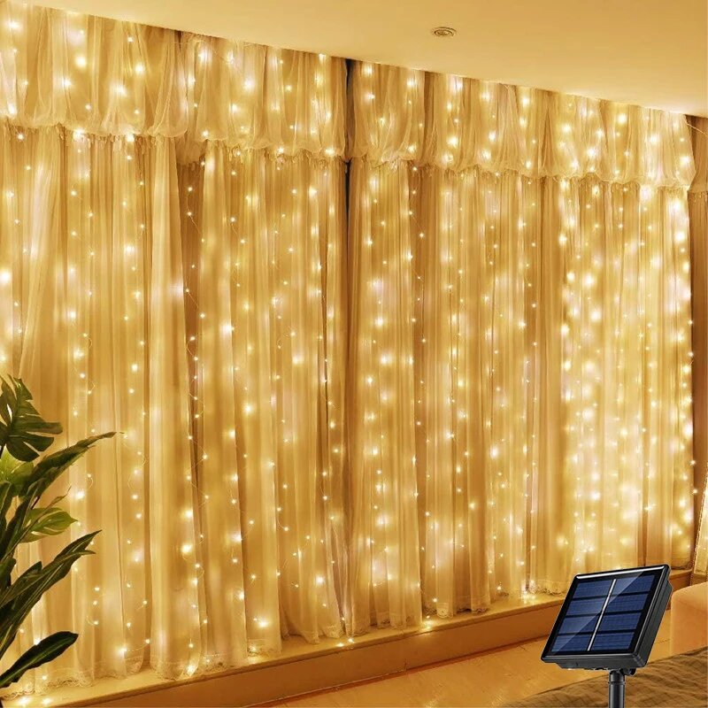 Солнечная гирлянда-штора 300 LED, 3x3м, теплый свет
