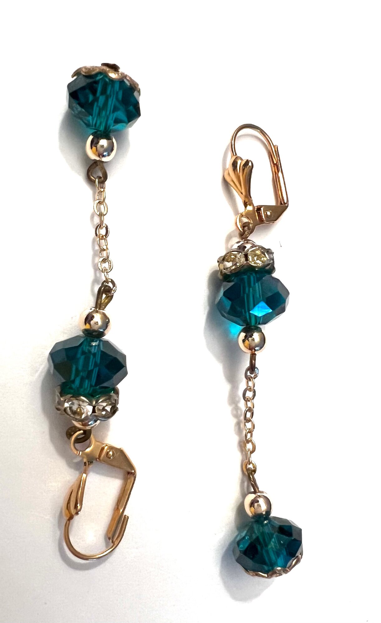 Серьги двусторонние, с подвесками, изумруд синтетический