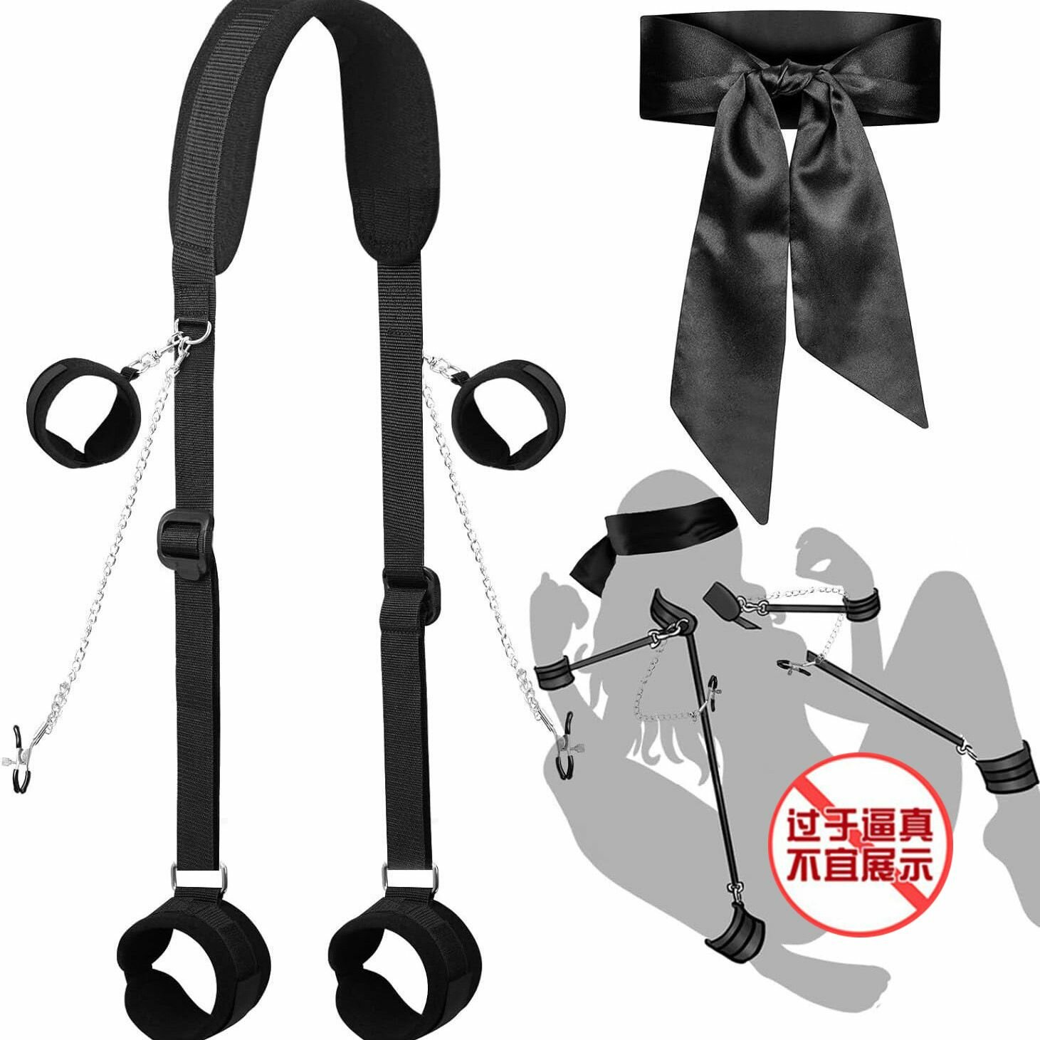 Набор БДСМ, включающий в себя волшебные наручники/раздвинутые ноги + зажимы для сосков + шарф и повязку на глаза.