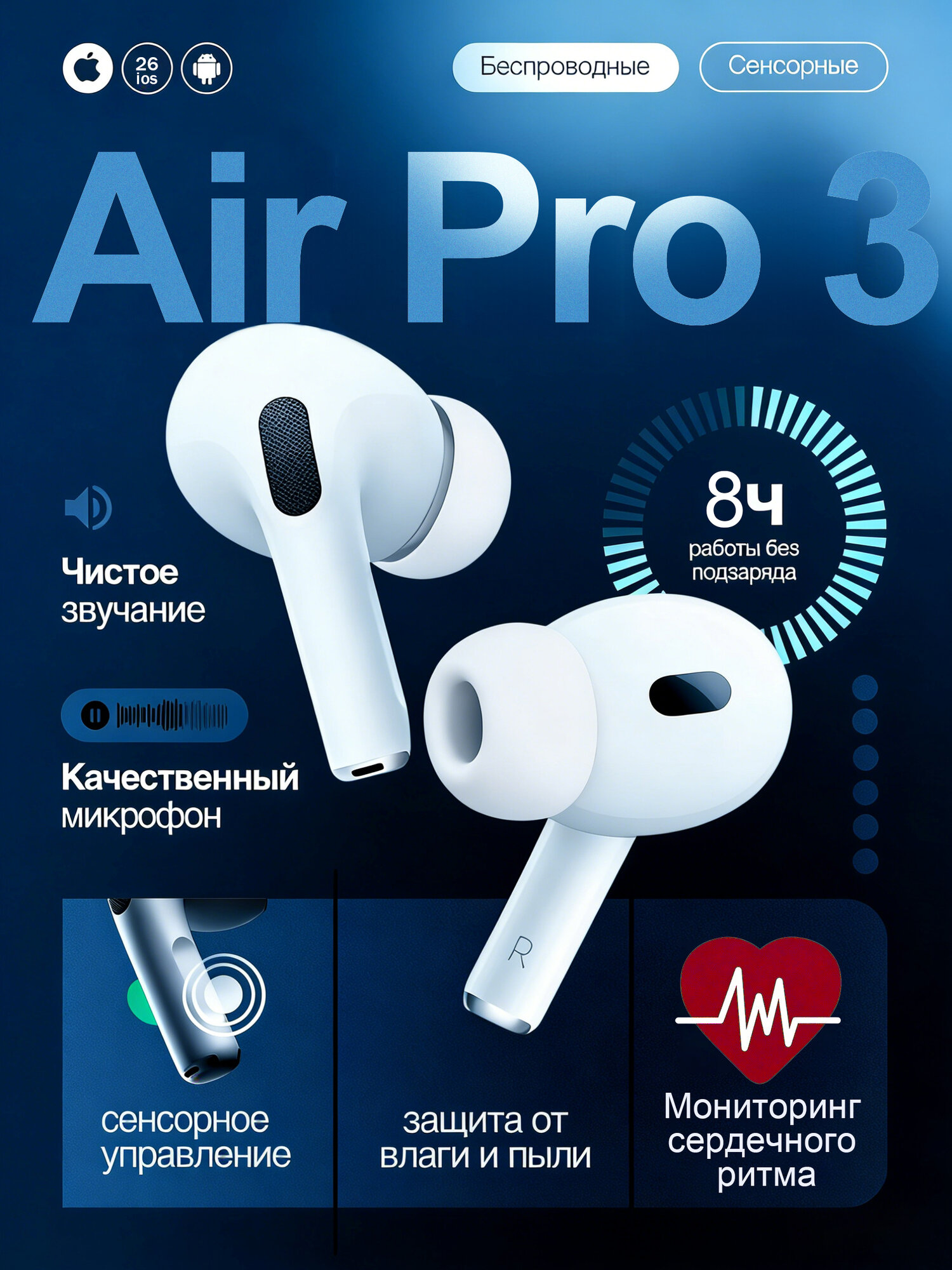 Наушники беспроводные Pods Pro 3, шумоподавление, Bluetooth, Type-C, 2600 мАч