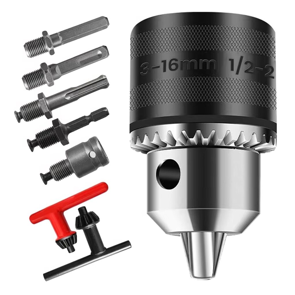 Комплект из 8 адаптеров для сверлильных патронов Универсальная совместимость для различных моделей дрелей Быстрая установка без использования инструментов Металлическая конструкция Портативный футляр для хранения В комплекте