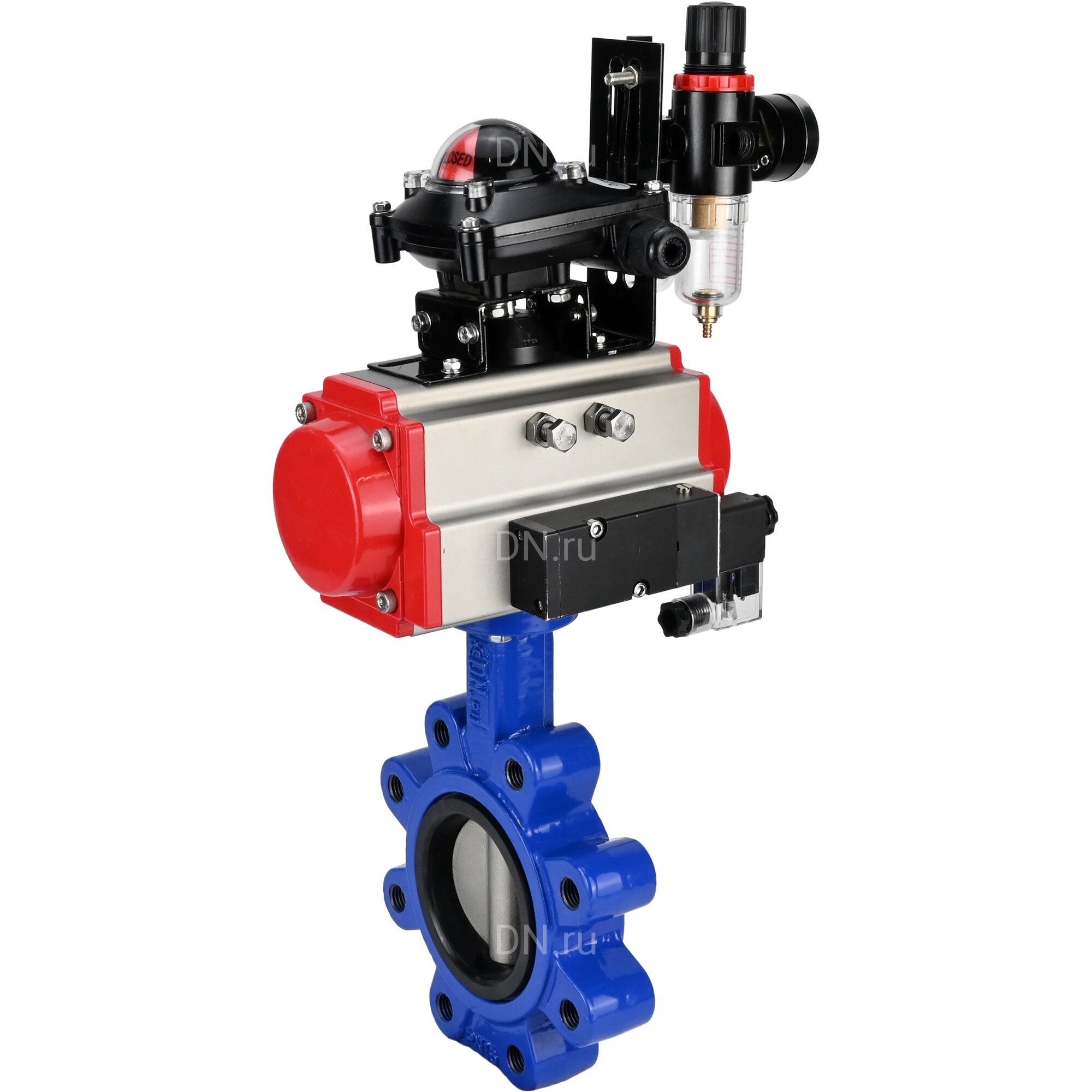 Затвор дисковый поворотный DN. ru QT450-304-EPDM-2W-Fb-H Ду100 Ру16 чугун QT450, диск нерж. сталь 304, уплотн. EPDM, межфланц, с пн. прив. DA-083, пн. распред. PND2-S1EM-52-1NC-J08-24VDC, БКВ LSB-210-02NM12-220/24 и БПВ APU1-10-40-V08