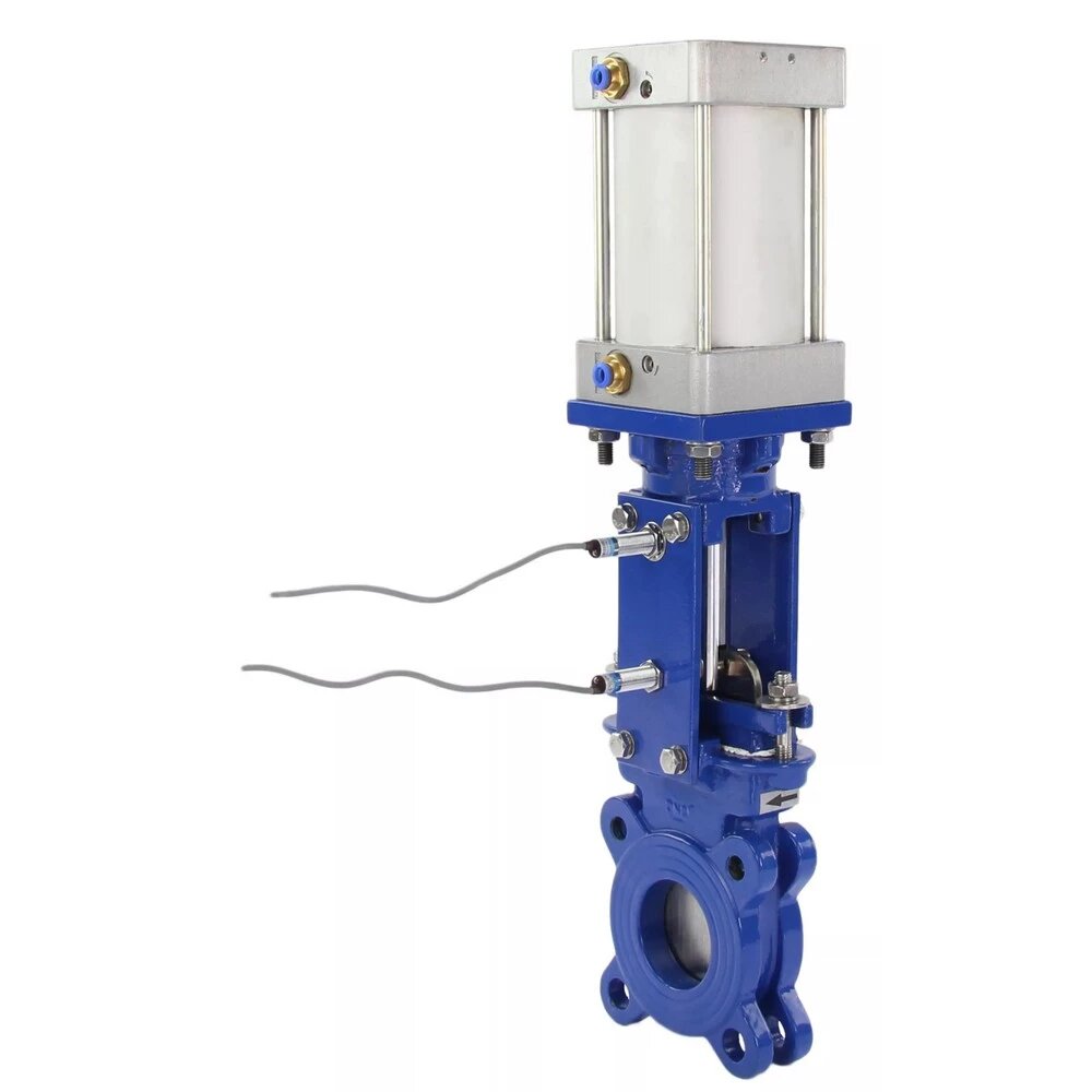 Задвижка шиберная DN.ru GGG40-304-M-1W-Fb-2P Ду150 Ру10 межфланцевая, шпиндель - выдвижной, корпус - чугун GGG40, уплотнение - металл, с пневмоприводом, WENZ, индукц. датчиками LS-12A3-00NI0-24VDC