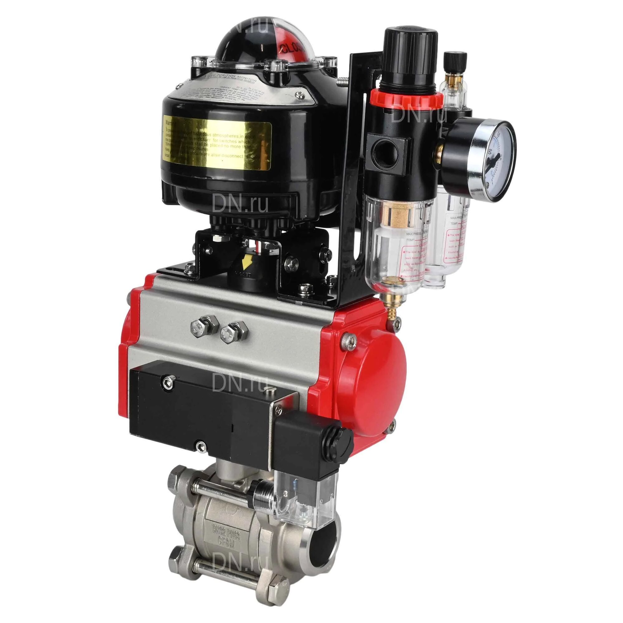 Кран шаровой DN.ru кшпп 316.200 Ду25 Ру63 под приварку, полнопроходной, нержавеющая сталь SS316, уплотнение PTFE, с пневмоприводом DA-052 пневмораспределителем PND2-S1EM-52-1NC-J08-24VDC БПВ APU1-10-40-V08 БКВ LSB-510-02ExM12-250