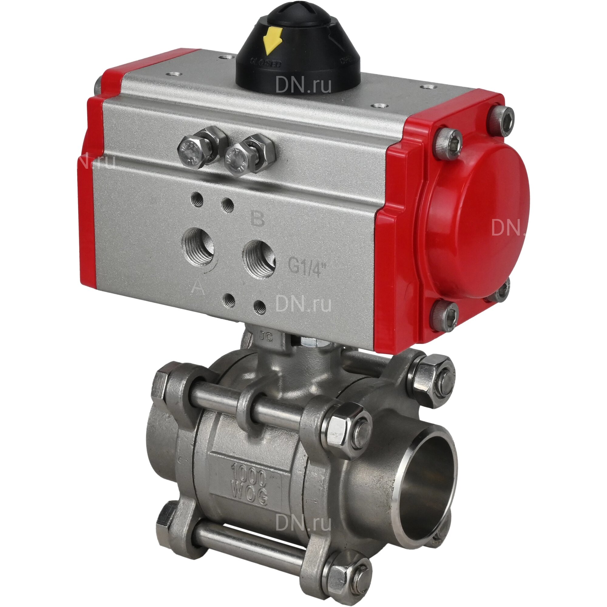 Кран шаровой DN.ru кшпп 316.200-ISO Ду50 Ру40 полнопроходной двухходовой, нержавеющая сталь 316, под приварку, уплотнение - PTFE, с пневмоприводом DN. ru SA-105 с возвратными пружинами