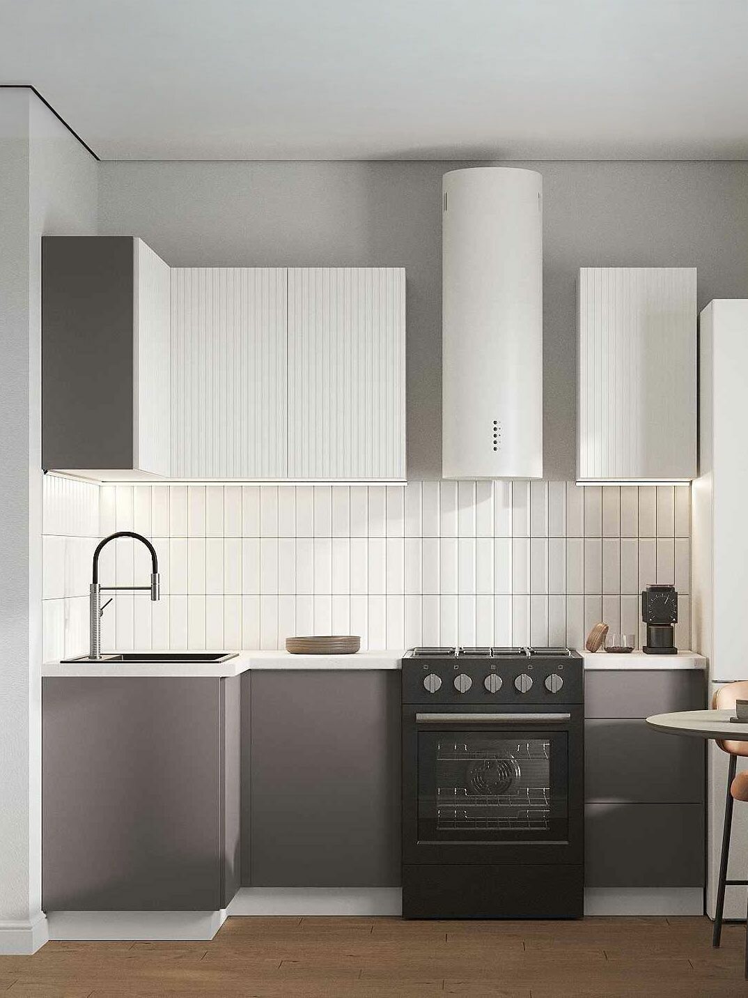 Кухонный гарнитур угловой Комби 2.1х1 м, мебель для дома и кухни, Белый / Бланж / Грей