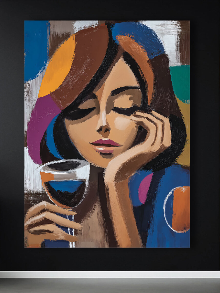 Картина интерьерная - "Абстрактное лицо девушки с болкалом вина, минимализм, масло" , 40х60 см.