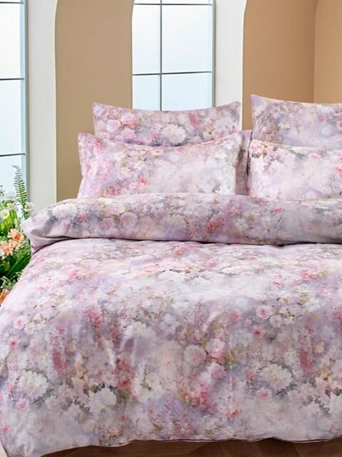 Комплект постельного белья Pappel Amapola, сатин, розовый, семейный, гипоаллергенный, 7 предметов