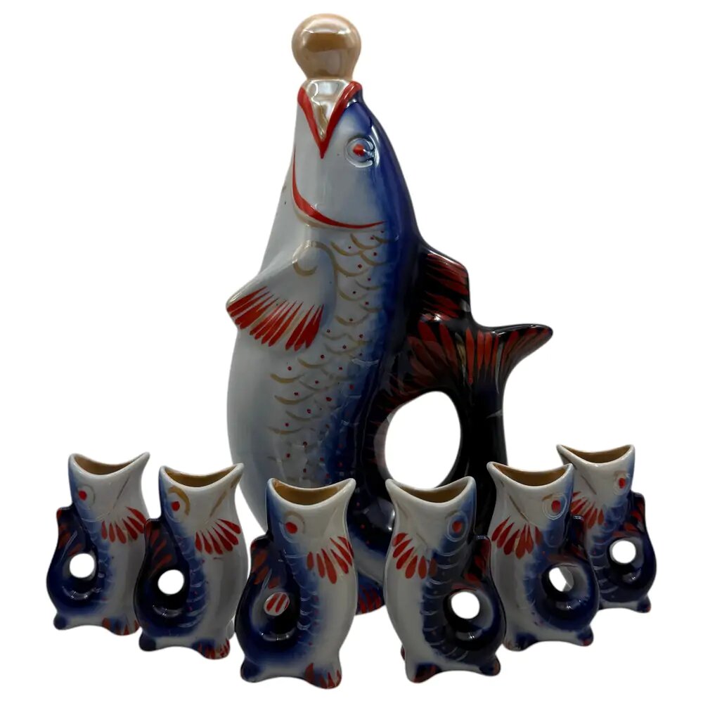 Фарфоровый штоф "Рыба" + 6 стопок (синий), 1970-1980 гг, Полонский ЗХК, СССР