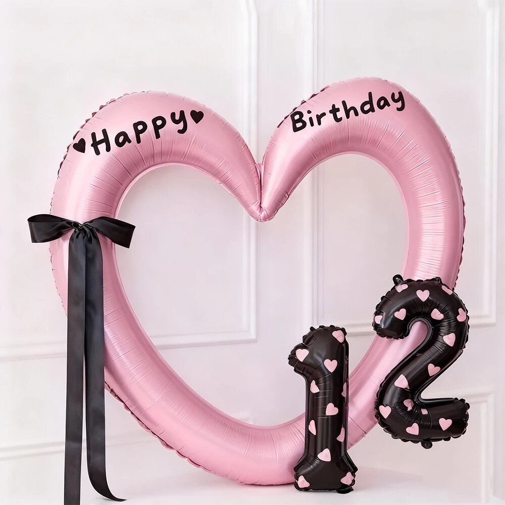 Шары сердце "Happy Birthday" и цифра 12, розовый, черный