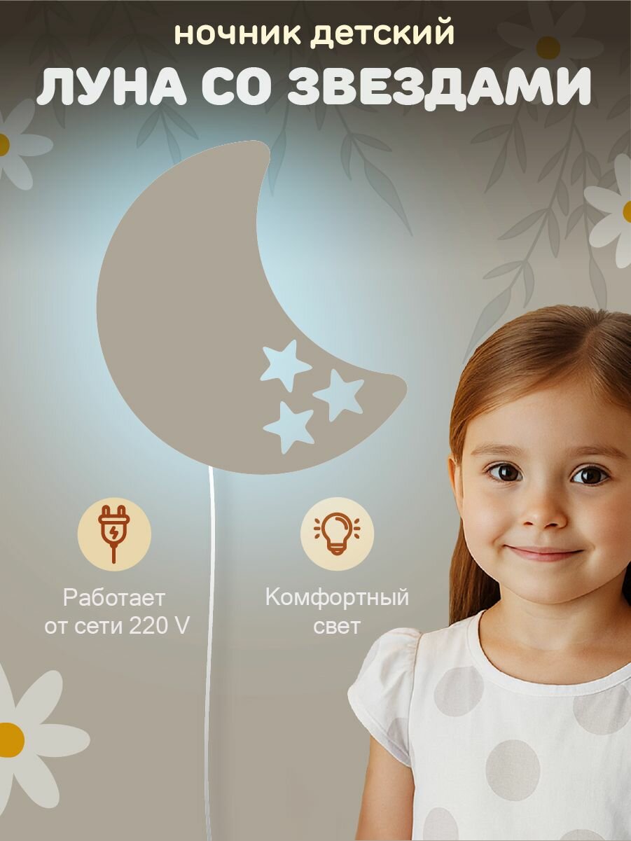 Ночник детский для сна светильник настенный луна со звёздами деревянный светодиодный 24х31 см питание от сети,6000К