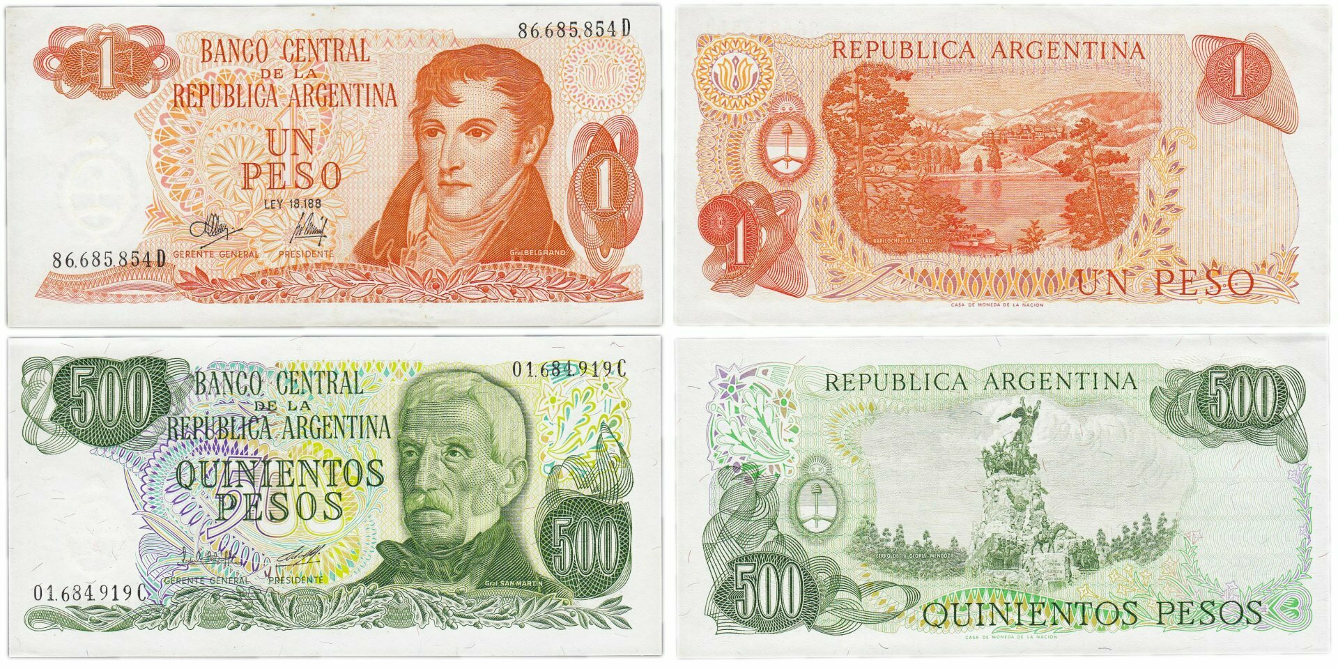 Аргентина, набор 2 банкнот 1 и 500 песо 1972-1974