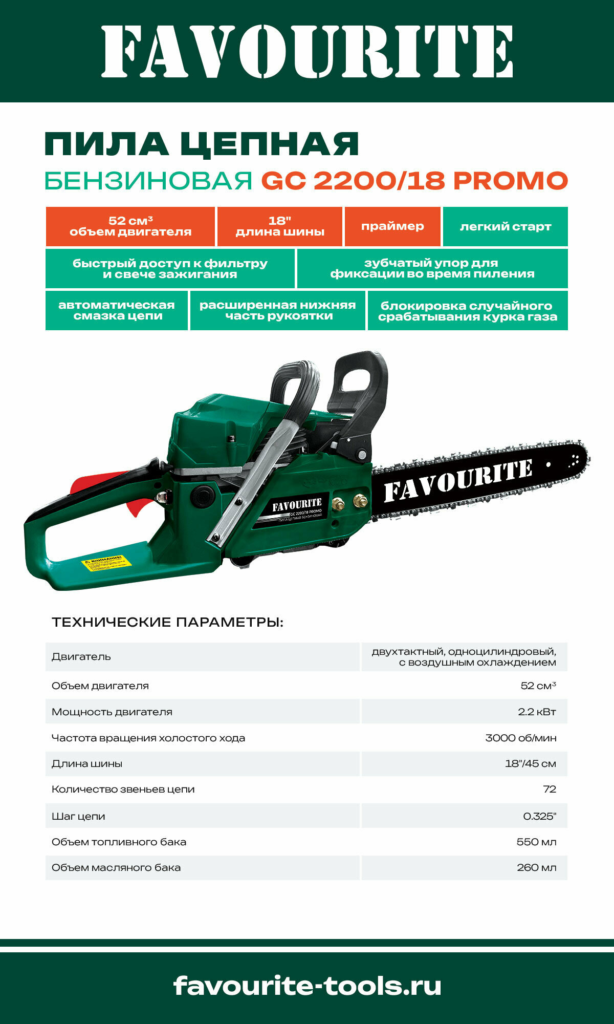 Бензопила/Пила цепная бензиновая FAVOURITE GC 2200/18 PROMO ,2.2 кВт, шина 18"/45 см, объём 52 см3, 550 мл, 260 мл, лёгкий старт