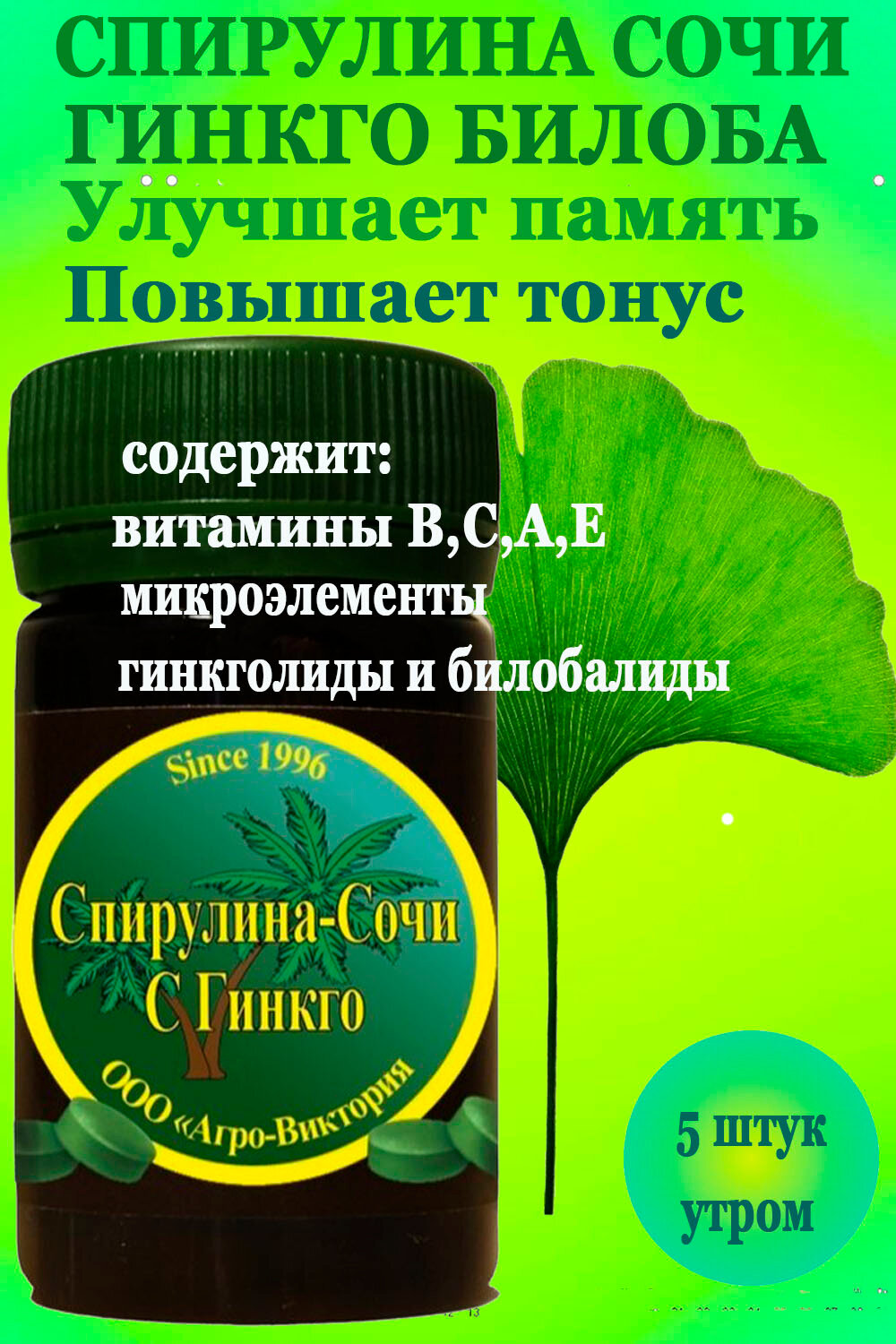 Спирулина Сочи Гинкго 90 шт. способствует улучшению памяти, стимулирует мыслительные процессы, замедляет старение мозга