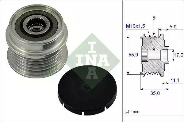 Шкив генератора INA 535000510 Audi A4, A6, Skoda Superb, Vw Passat 1.6-2.0 94-08