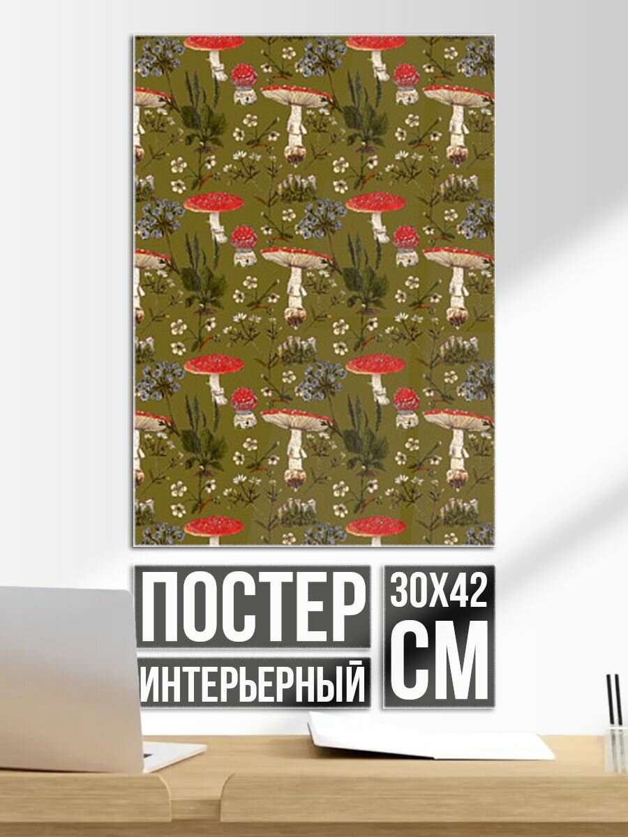 Постер на стену Мухоморы и цветы зеленый принт