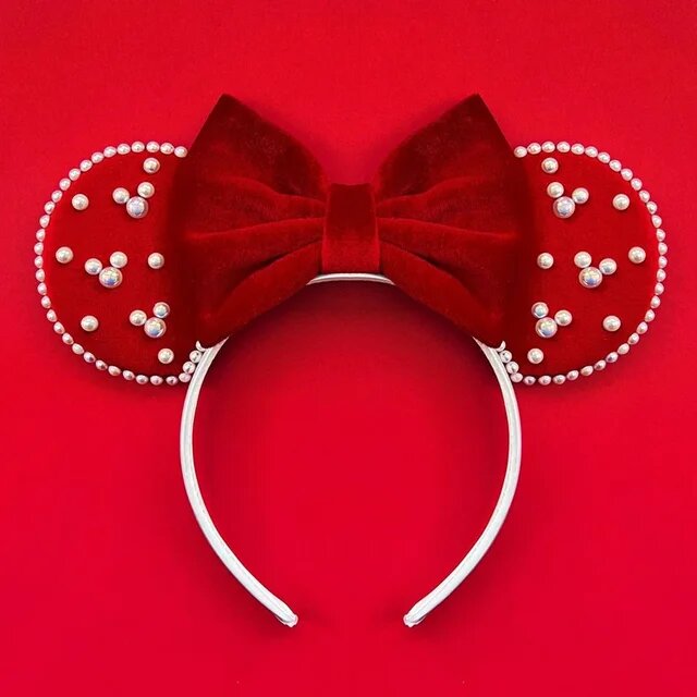 Повязка на голову Disney с белыми жемчужинами и ушками Микки Мауса, женское красочное украшение для волос из мягкого хлопка с бантиком, повязка на голову для девочки с Минни Маус, детский подарок.