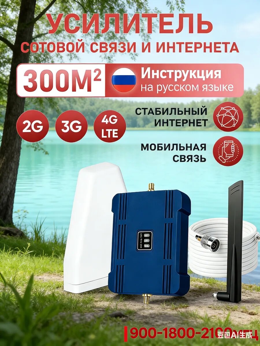 Усилитель сотовой связи 900/1800/2100 МГц (2G/3G/4G): до 70 км, направленный, синий, 1.3 кг