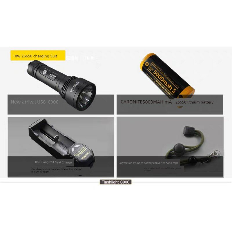 10В светодиодный фонарик с зарядным комплектом для батареи 26650, водонепроницаемый, высокая яркость