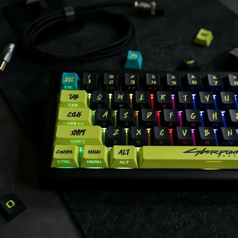 Кейкапы для механической клавиатуры - Тема киберпанка, 130 клавиш, толщина Cherry 1,7 мм, Shine Through, профиль Cherry, зеленый и черный