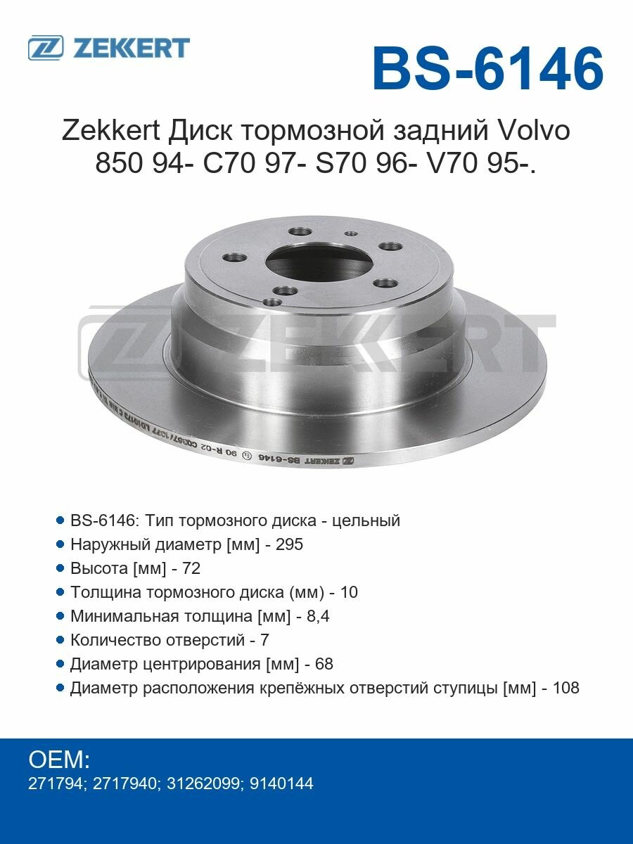 Zekkert Диск тормозной задний Volvo 850 94- C70 97- S70 96- V70 95-.