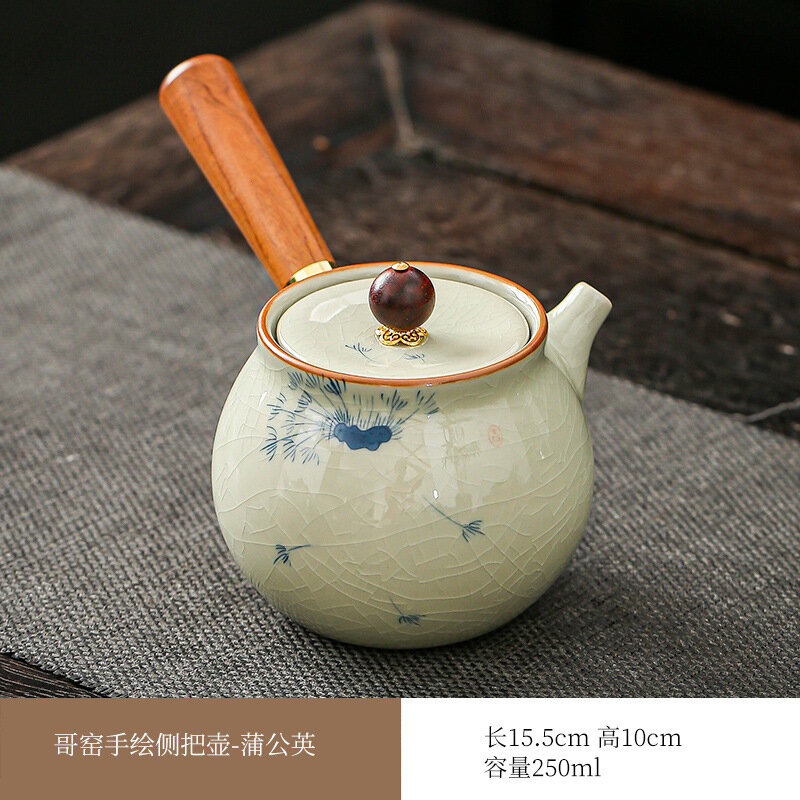 Чайник Ge Kiln с ручной росписью, ритм лотоса, деревянная ручка, боковая ручка, чайник для кунг-фу, домашний легкий роскошный ретро, может быть поднят, открытая часть глазури, антиожоговый чайник