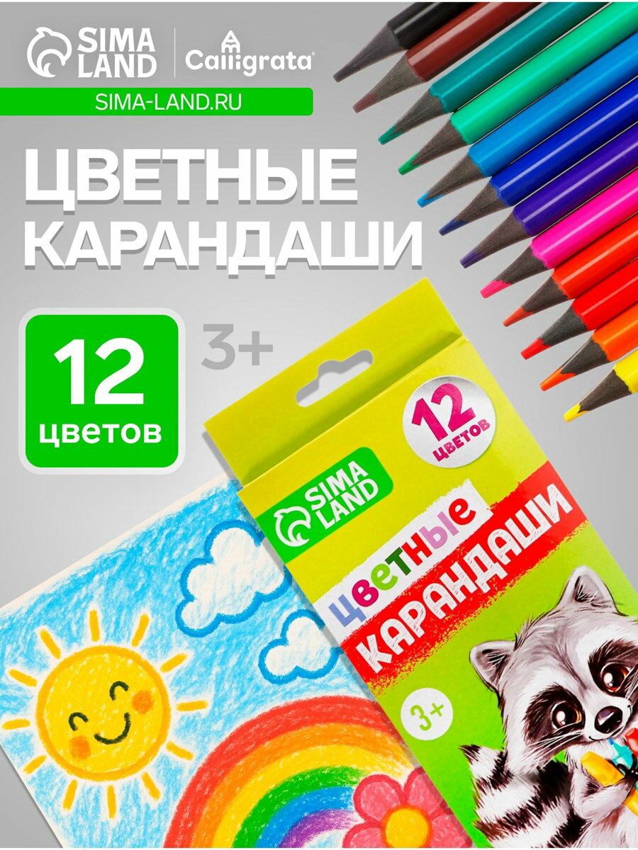 Карандаши цветные заточенные, 12 цветов, пластиковые, в картонной коробке