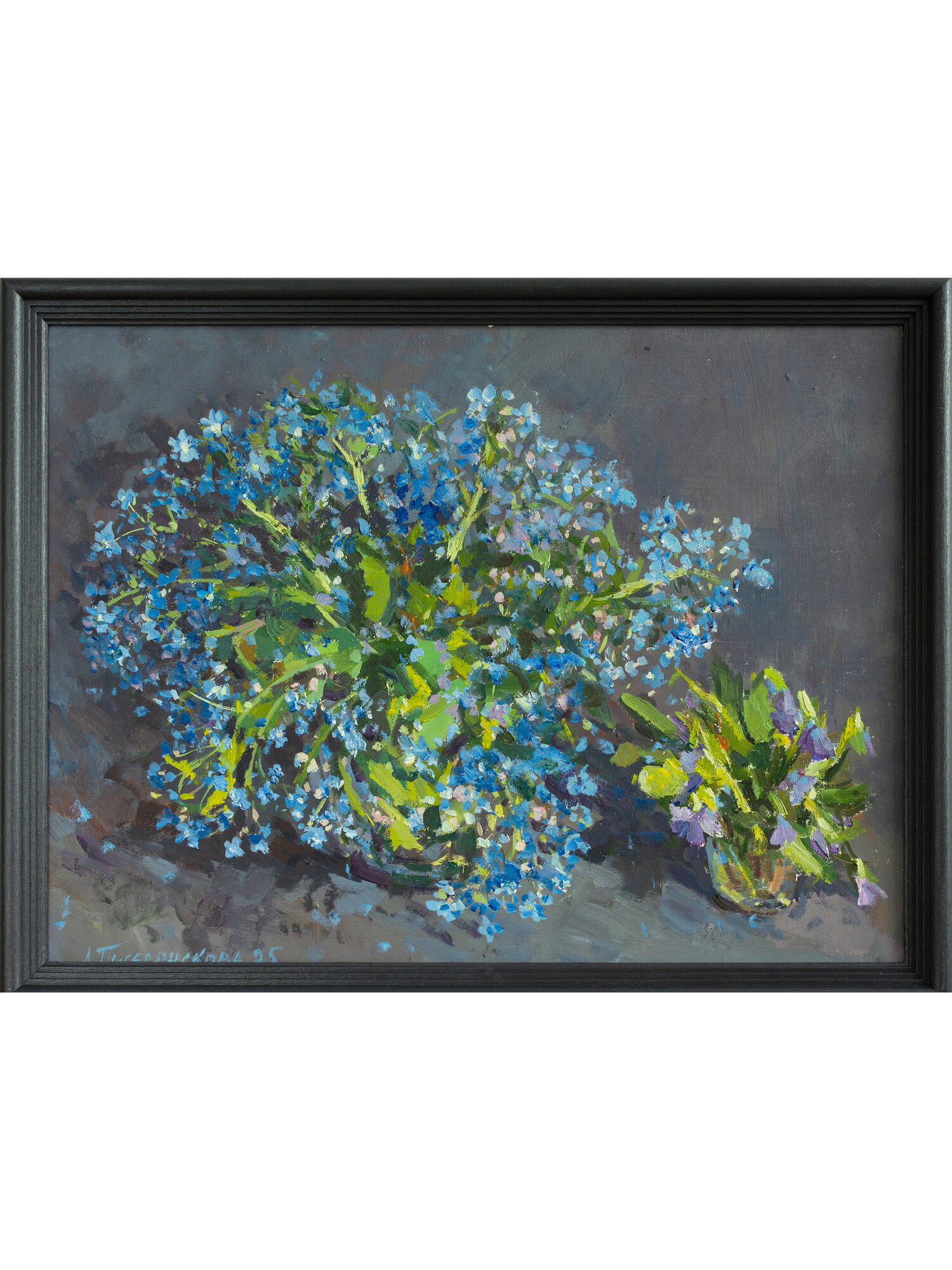 Картина маслом авторская "Букет незабудок и фиалок" 30х40 см, ручная работа