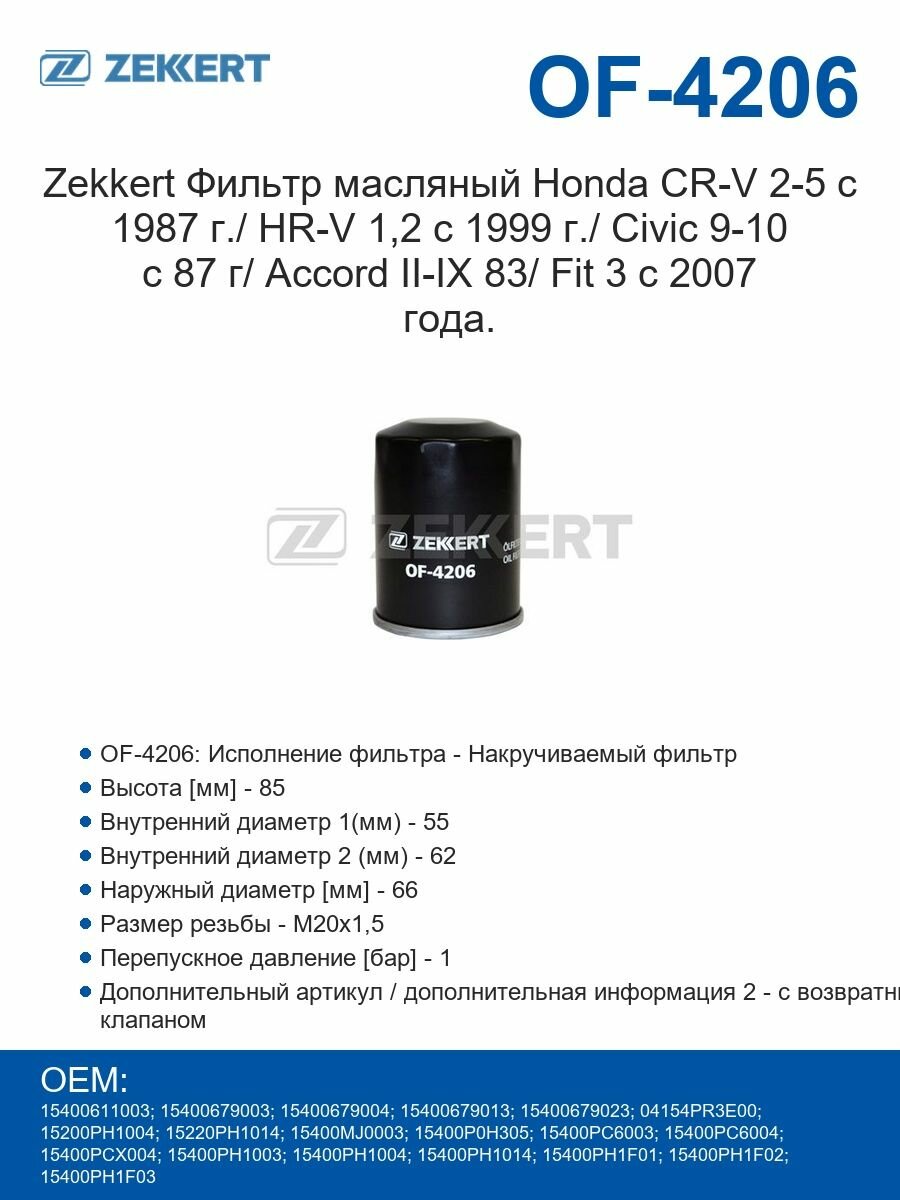 Zekkert Фильтр масляный Honda CR-V 2-5 с 1987 г./ HR-V 1,2 с 1999 г./ Civic 9-10 с 87 г/ Accord II-IX 83/ Fit 3 с 2007 года.