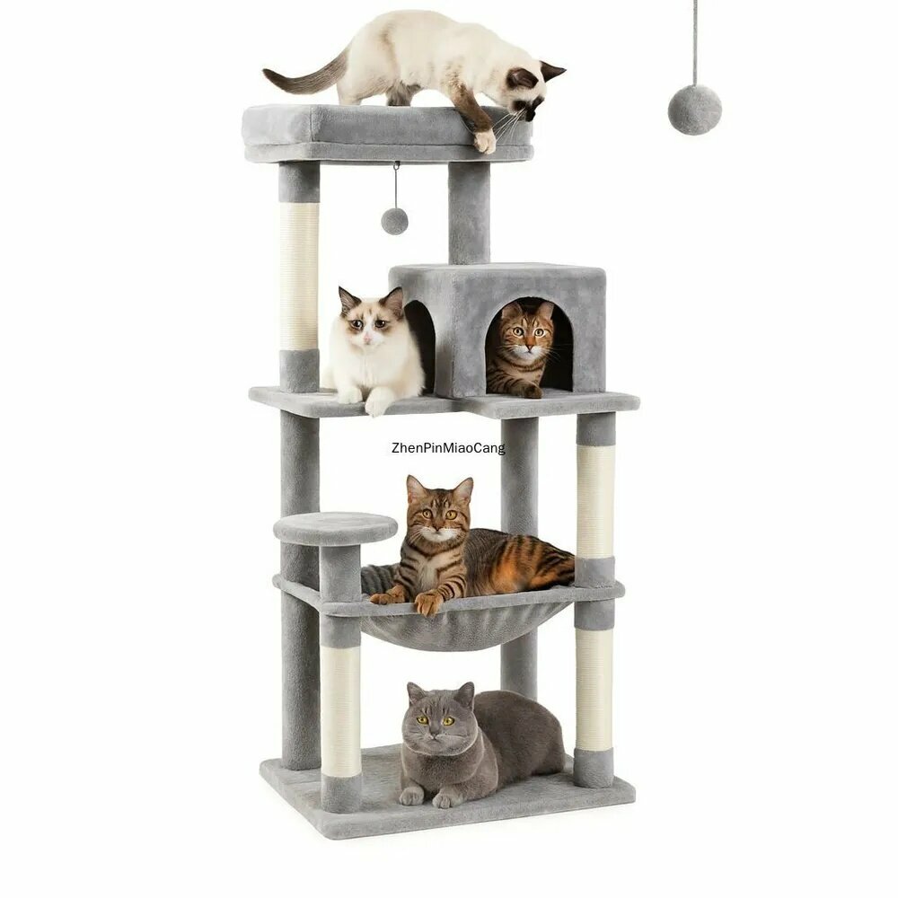 Игровой комплекс для кошек, 5 уровней, с гамаком, светло-серый