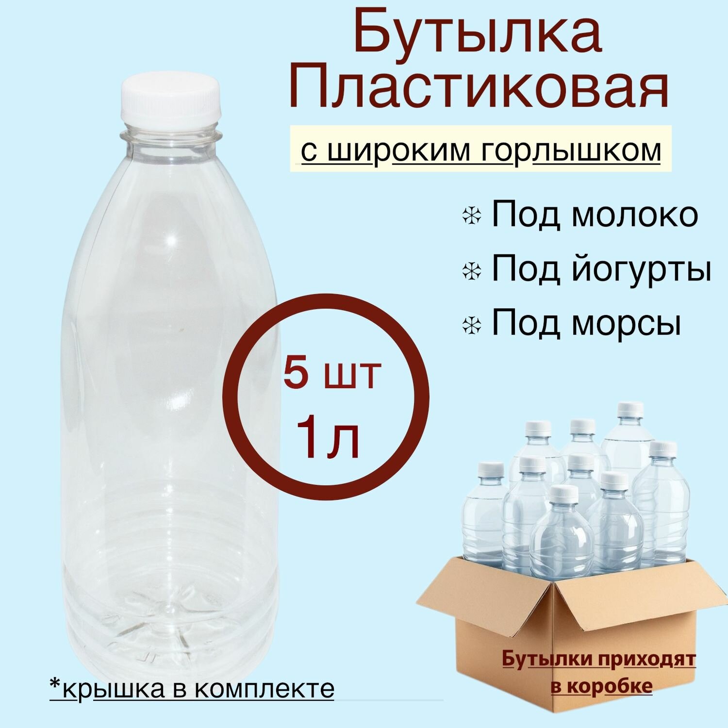 Бутылка пластиковая, прозрачная ПЭТ 1 л с крышкой (упаковка 5 шт)