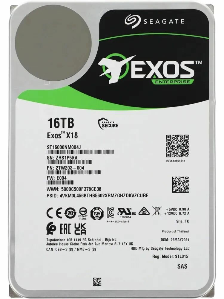 Seagate 16 ТБ Внутренний жесткий диск Seagate ST16000NM004J Жесткий диск HDD Server Exos X18 HDD 512E/4KN ( 3.5/ 16TB/ SAS 12Gb/s / 7200rpm) (ST16000NM004J)