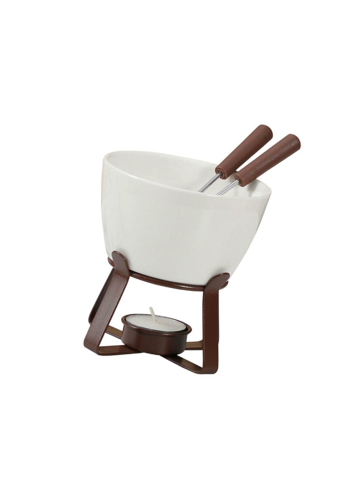 Маленькая чашечка для фондю с 2 вилками и керамическая кружка для подогрева шоколада, сыра и масла.