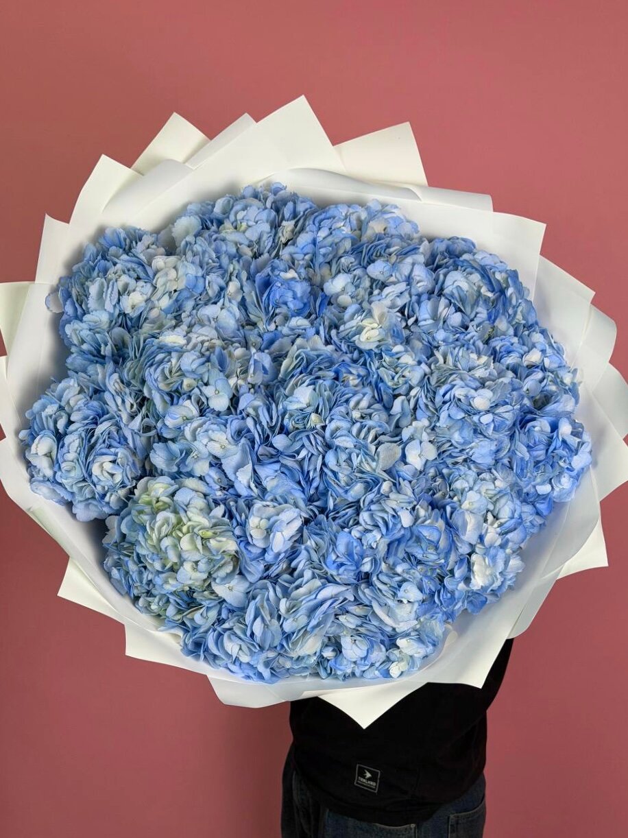 Пышный букет цветов из голубых гортензий в подарочной упаковке с доставкой, размер XL