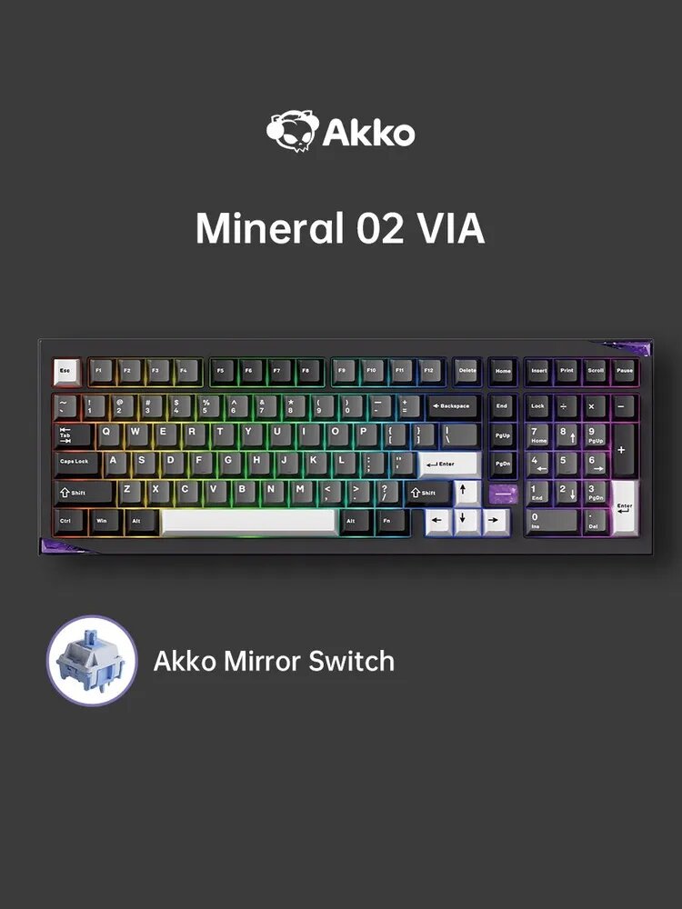 AKKO Игровая клавиатура беспроводная Акко Mineral 02 VIA, Черно-серебряная механическая клавиатура 3-режимная RGB подсветка 102 клавиши US раскладка С поддержкой горячей замены переключателей, (Akko Mirror), Английская раскладка, белый, черно-серый