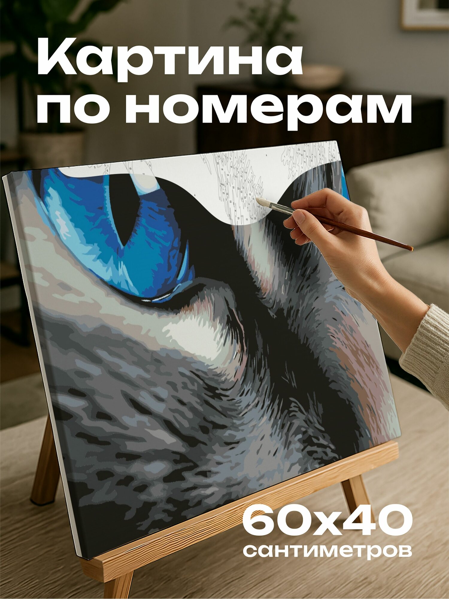 Картина по номерам 60x40 см, фотография, кошка, голубоглазая, взгляд, монохромный фон, интенсивность, голубые глаза