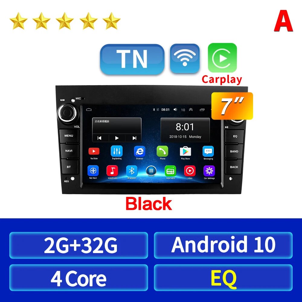 Автомагнитола Android 10 7" Carplay, 2G+32G, 4 Core, Black, Option A