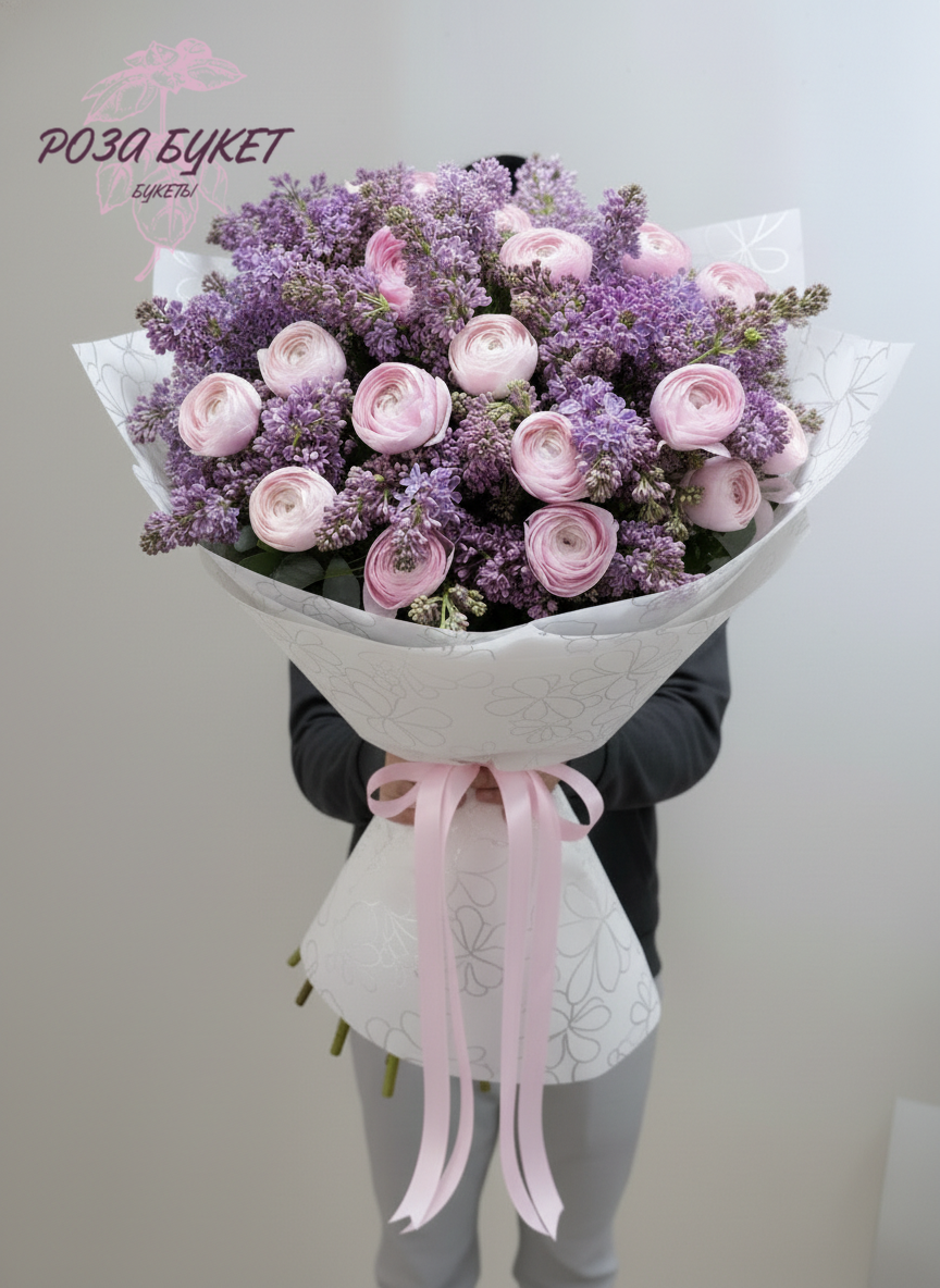 Букет цветов, розовые ранункулюсы 19 шт и сирень, красивый букет цветов, шикарный, премиум букет, долгий букет