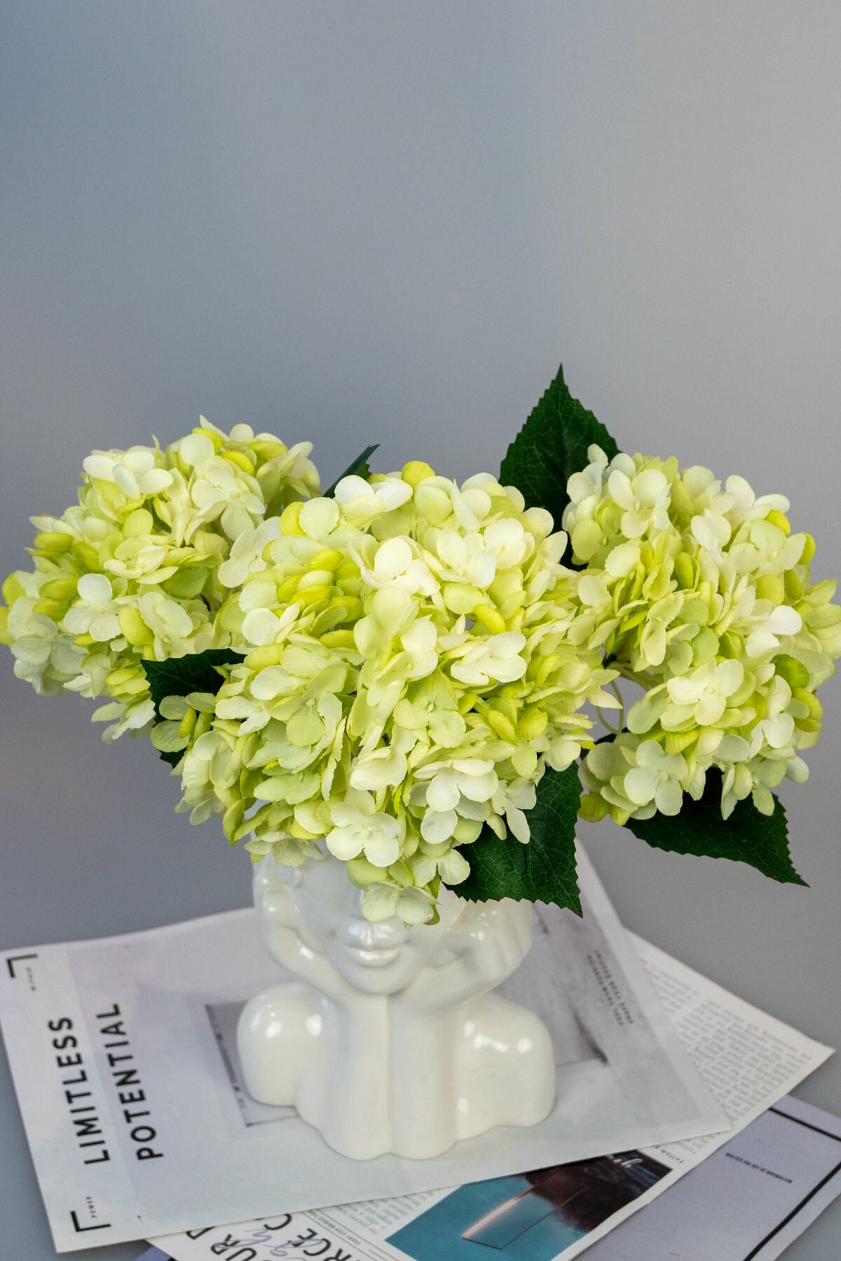 Искусственные цветы для декора интерьера Гортензия зеленая 34 см 3 ветки