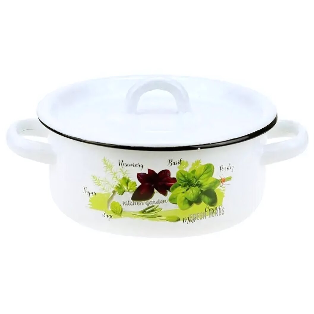 Кастрюля эмалированная 1,5л с декором «FRESH HERBS», крышка, для плит и сервировки