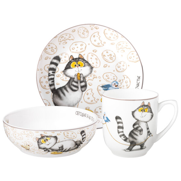 Набор посуды lefard счастье есть 3 пр: кружка 400 мл, тарелка 20,5 см, салатник 15,5*5 см 600 мл KSG-85-2091