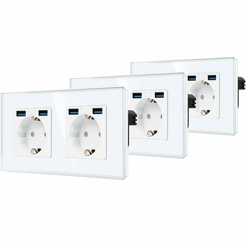 Розетка с usb встраиваемая 2-стойка16А + 2 USB на 2,1А в стеклянной белой рамке для стандартного круглого подрозетника,3шт